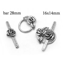 Sterling Silver 925 Flower Rose Toggle Clasp Loop 16x14mm Bar 28mm