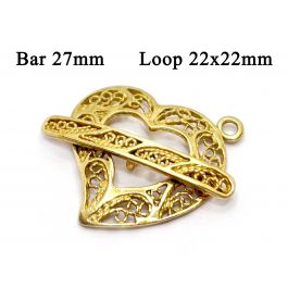 Brass Heart Toggle Clasp Decorative pattern Loop 22x22mm Bar 27mm