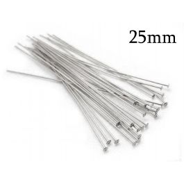 Sterling Silver 925 Head Pins with Flat Head 25mm 0.5mm / 24 Gauge