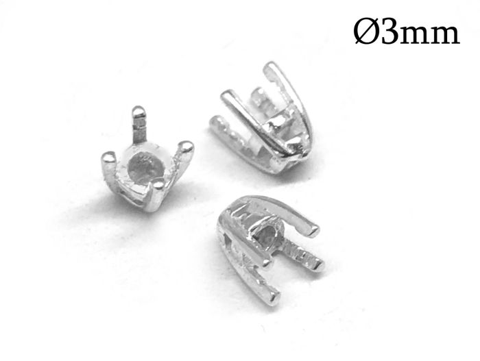 Sterling Silver 925 Round Bezel Cup 3mm with 4 prongs without loops